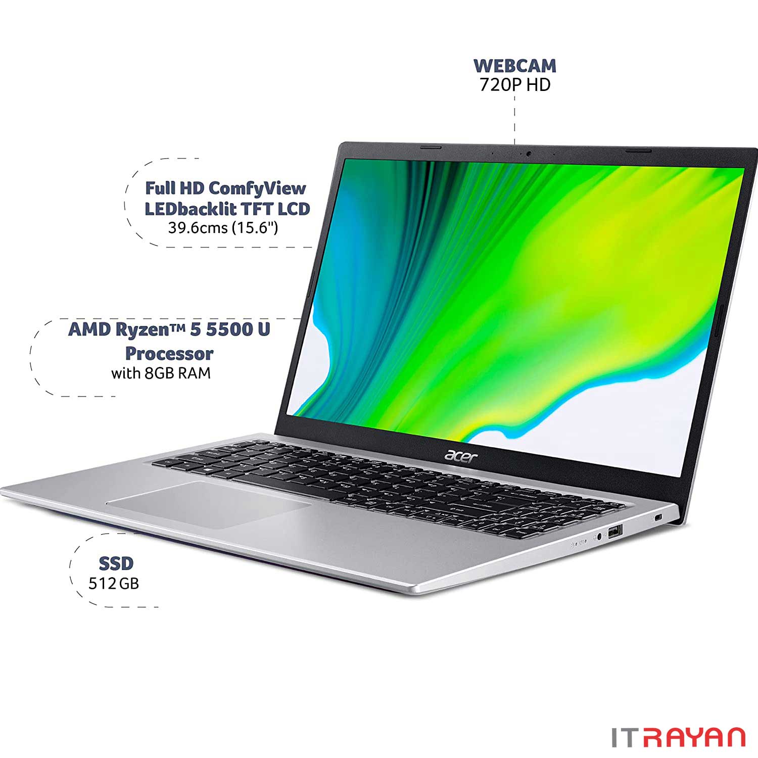 لپ تاپ ACER Aspire 5 Ryzen 5 5500U 8DDR4-512SSD Radeon نسل یازدهم